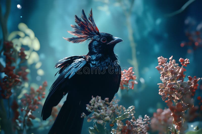 Black Bird with Vibrant Feather Crest among Colorful Foliage Stock ...