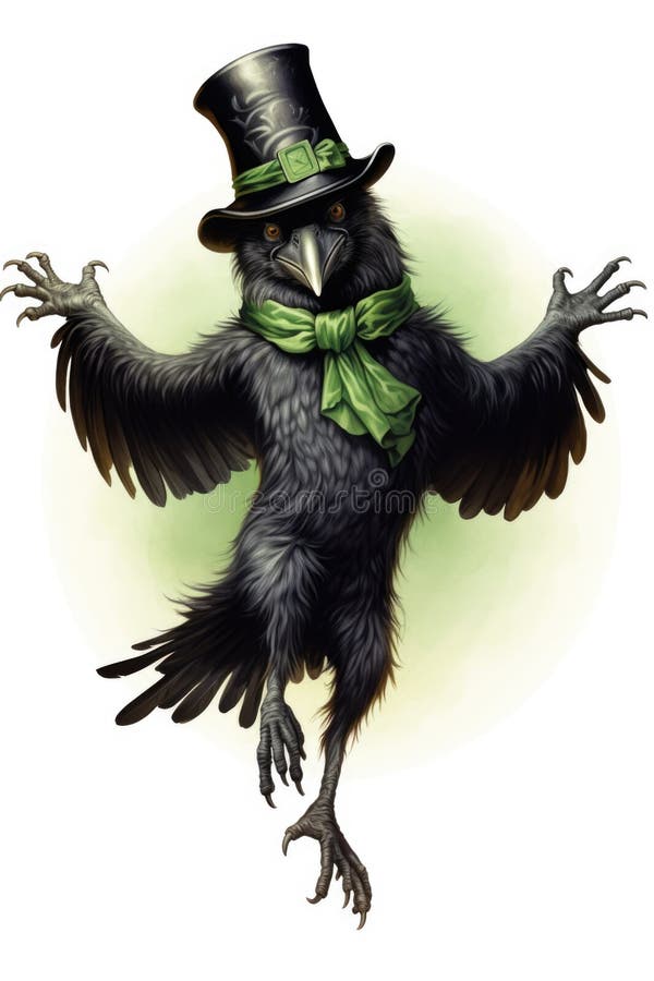 A Black Bird Wearing a Top Hat and a Green Bow Tie Stock Photo - Image ...