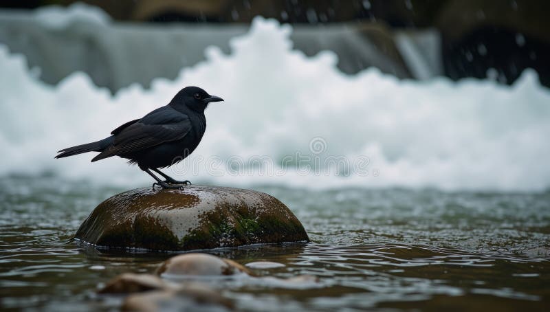 Black Bird on Wet Rock Amidst Rainy Stream Stock Illustration ...
