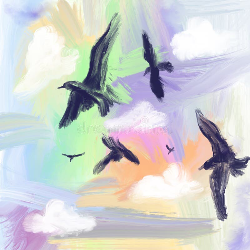 Black Birds in the Magic Sky with Clouds Stock Illustration ...