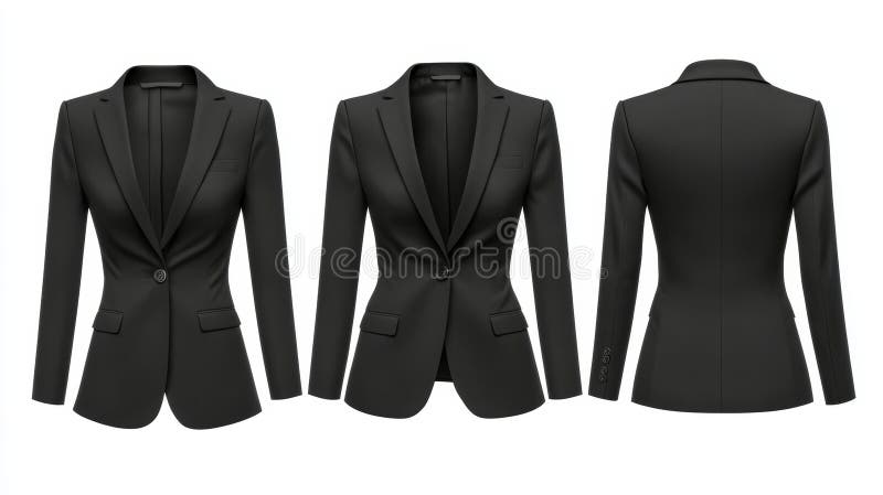A Black Blazer Jacket, Depicted from the Front, Back, and Side, is Set ...