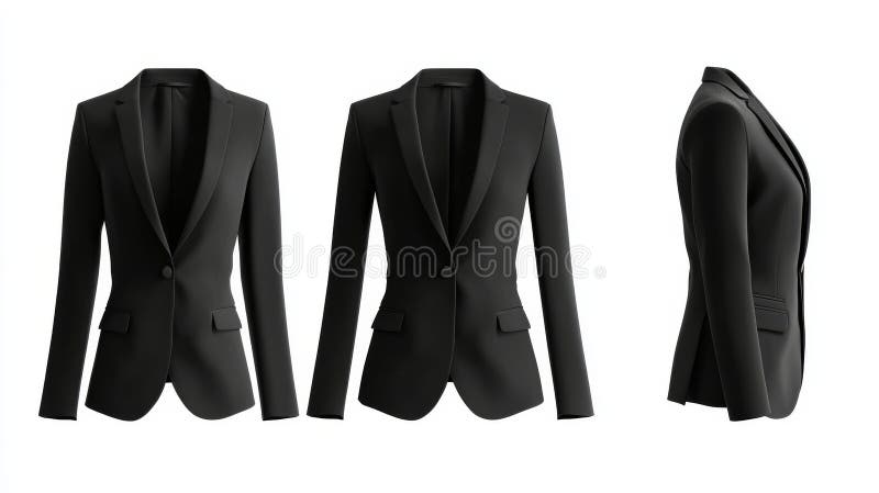 A Black Blazer Jacket, Displayed from the Front, Back, and Side, Stands ...