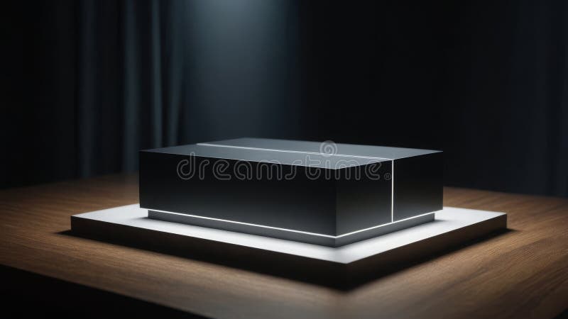 Black Block on a White Platform Under Spotlight, Showcasing Minimalist ...