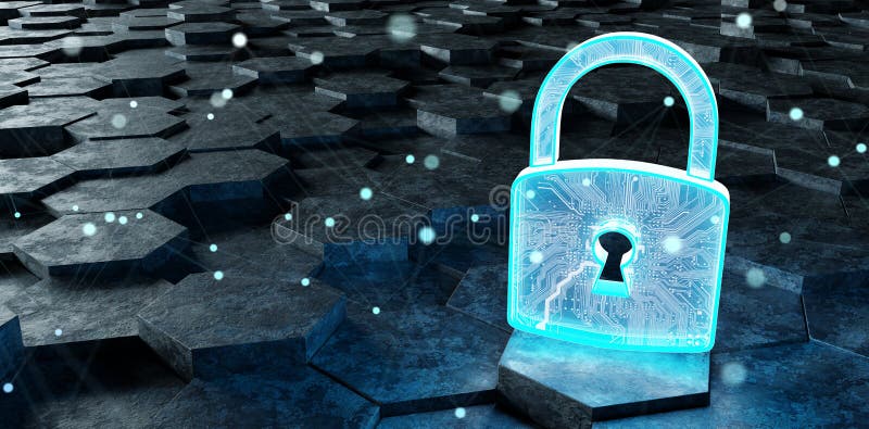 Black and Blue Padlock Icon on Hexagons Background 3D Rendering Stock ...
