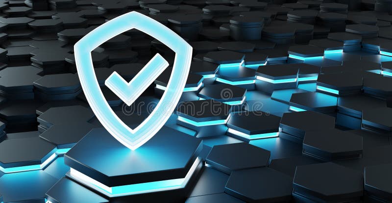 Black Blue Shield Icon on Hexagons Background 3D Rendering Stock ...