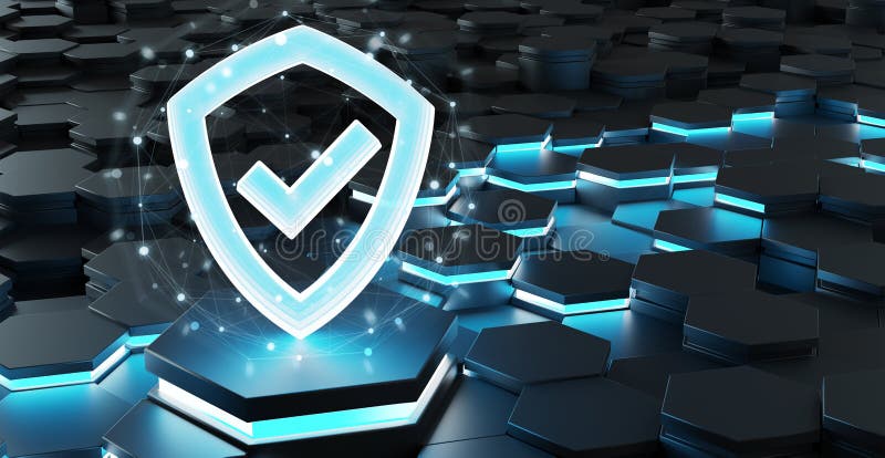 Black Blue Shield Icon on Hexagons Background 3D Rendering Stock ...