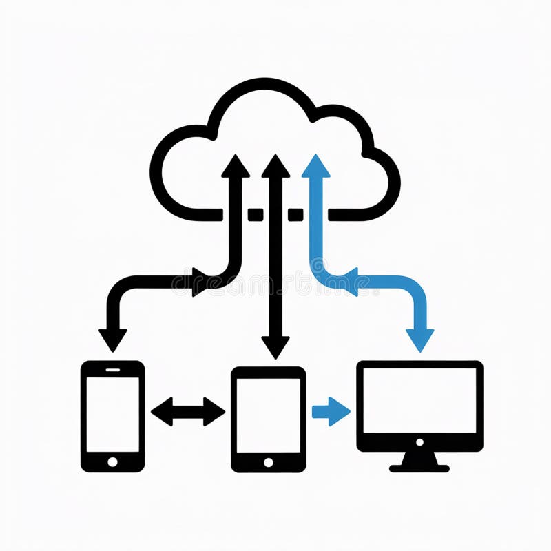 Black and Blue Arrows Illustrating Cloud Computing Data Synchronization Smartphone Tablet ...