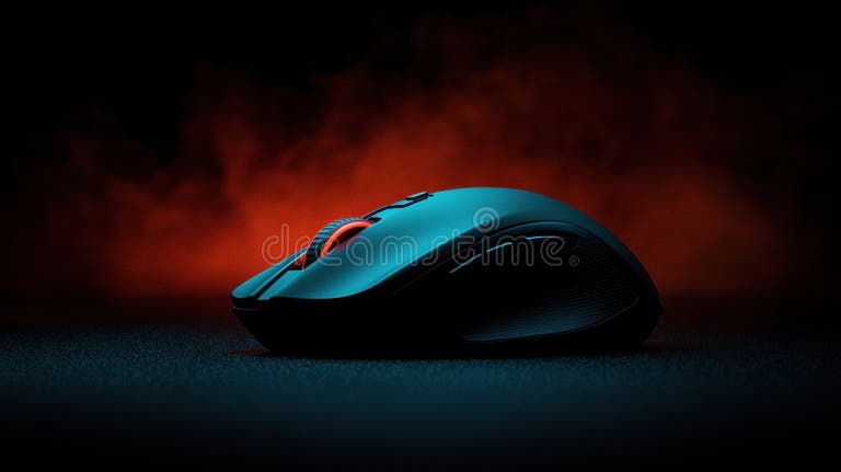 A Black and Blue Computer Mouse with a Red Light on Top Sits on a Dark ...