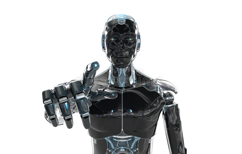 Black and Blue Intelligent Robot Cyborg Pointing Finger on White 3D ...