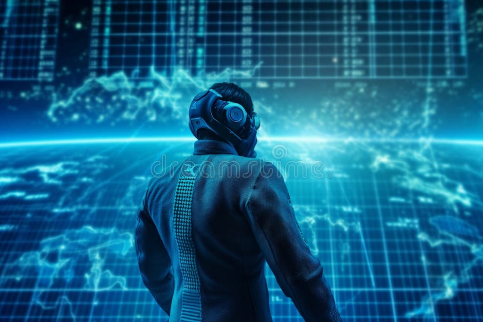 Black and Blue Smart Cyborg Robot Working Businessman on Blurred ...