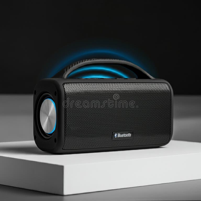 Black Bluetooth Speaker with a Rectangular Shape, Featuring a Metallic ...