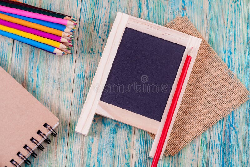 Black Board on Desk and Color Pencil Stock Photo - Image of black ...