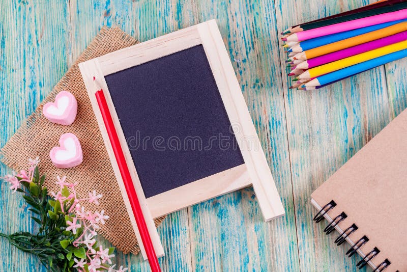 Black Board on Desk and Color Pencil Stock Photo - Image of teach ...