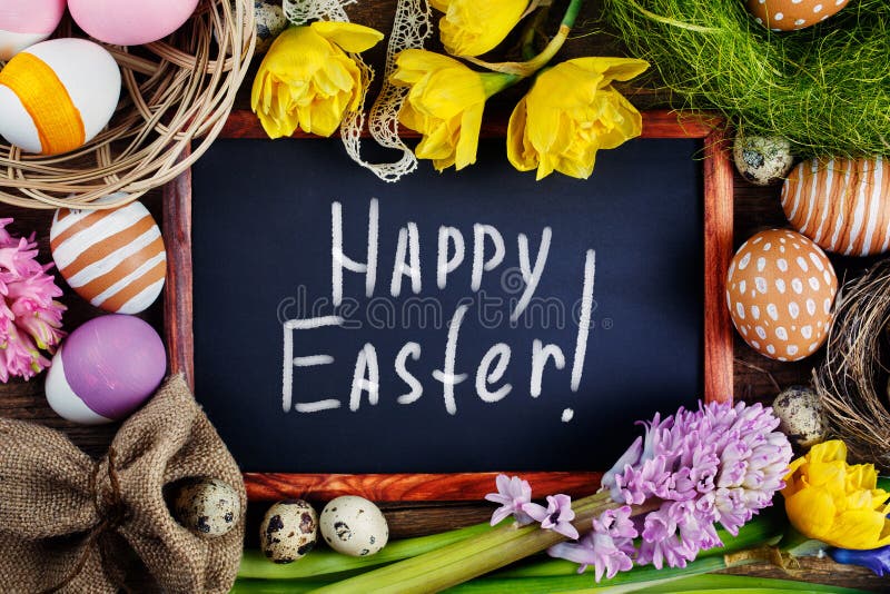 Black Board with Text - Happy Easter. Colorful Stock Photo - Image of ...
