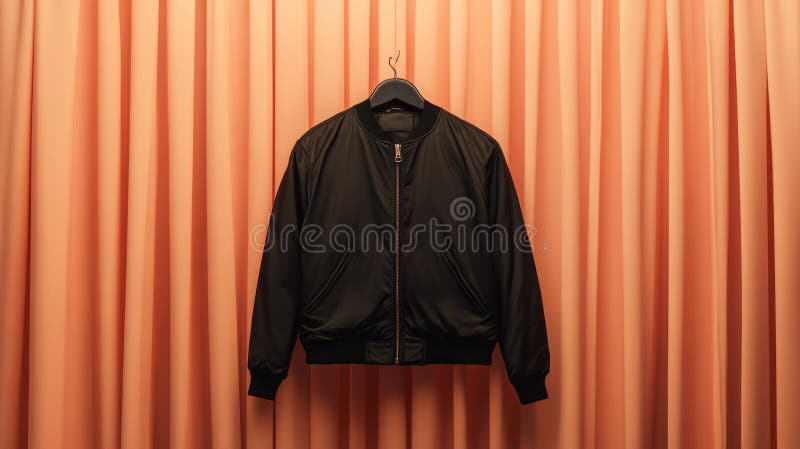 The Black Bomber Jacket is Presented on a Backdrop of Peach Fabric ...