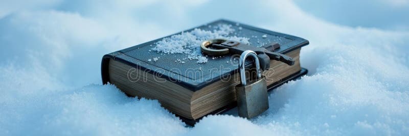 Black Book with Silver Lock and Key on a Snowy White Surface Cold Lock ...