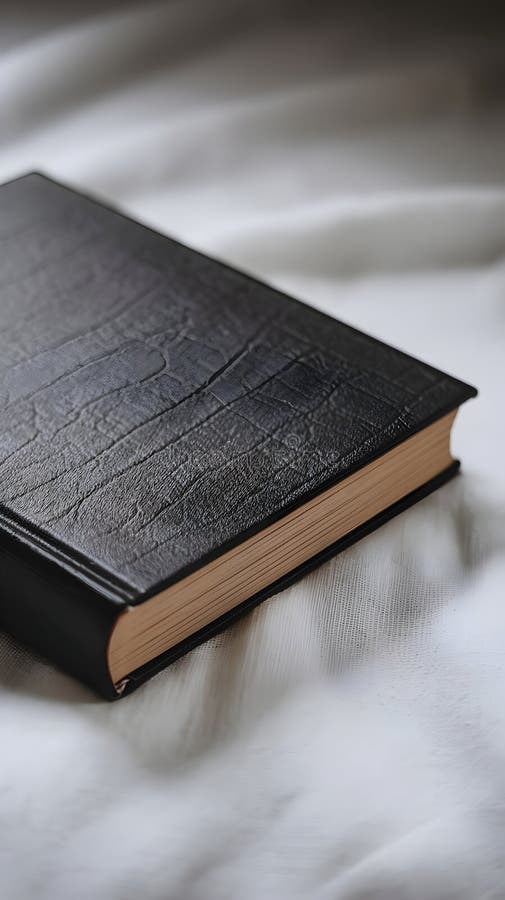 Black Book Tilted on White Surface, Textured Cover Highlighted by ...