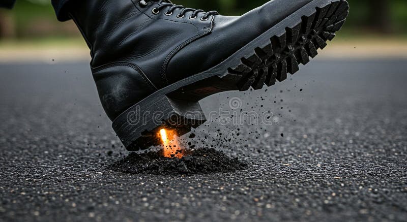 A Black Boot Forcefully Makes Impact with Asphalt, Igniting a Small ...
