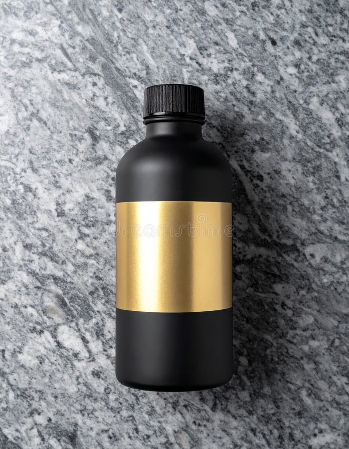 Black Bottle with Gold Label on Marble Background Stock Illustration ...