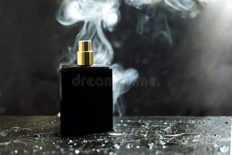Black Bottle Perfume There S Smoke in the Back. on a Black Background ...