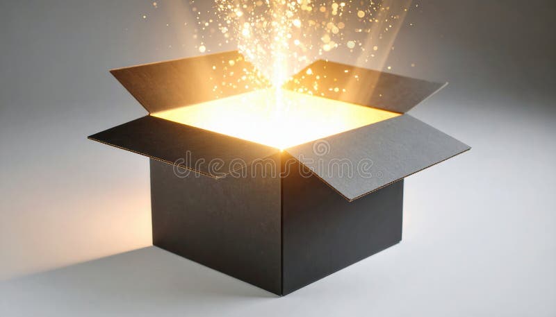 Black Box Glowing from within, Slowly Opening and Releasing Golden ...