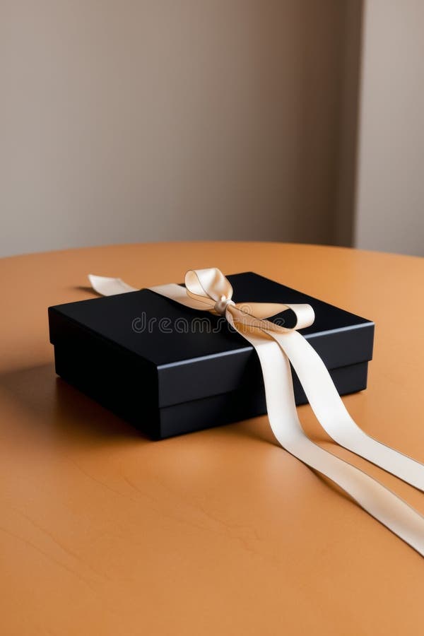 A Black Box with a Gold Ribbon Sits on a Wooden Table. Stock Image ...