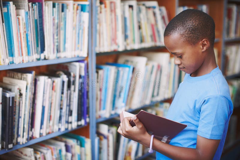 Black Boy, Library and Serious for Reading Book at Elementary School ...