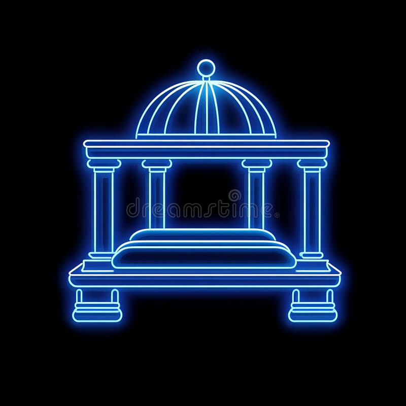 On a Black Brick Wall, a Blue Neon Sign of a Government Building Glows ...