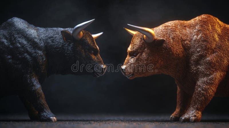 Black and Brown Bulls Facing Off in Dramatic Low Light Stock ...