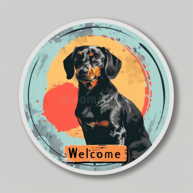 A Black and Brown Dog Sitting in Front of a Welcome Sign Stock ...