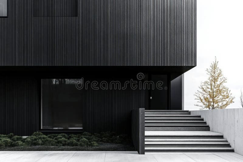 A Black Building with a Window and a Tree in Front of it Stock ...