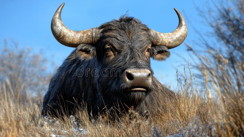 A Black Bull is Resting in a Green Meadow Under a Cloudy Sky Stock ...