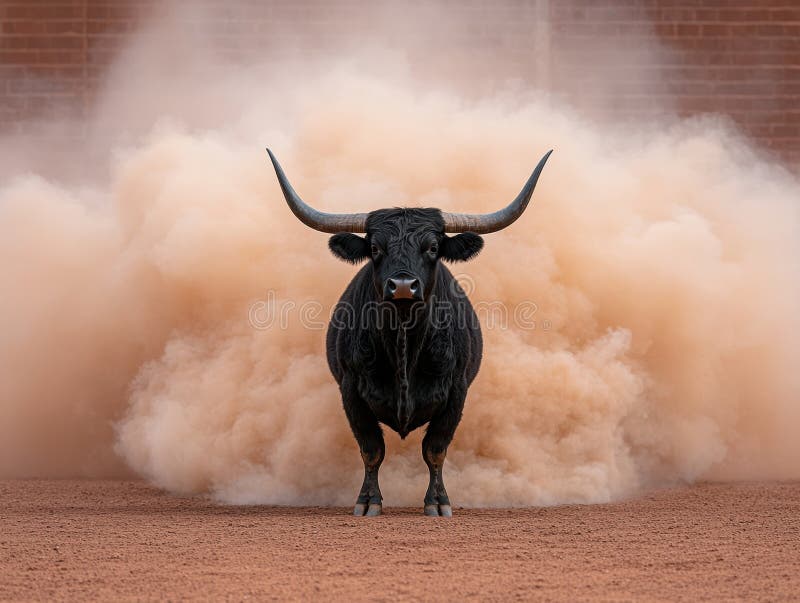Black Bull Running through a Cloud of Dust in a Bullring Stock ...