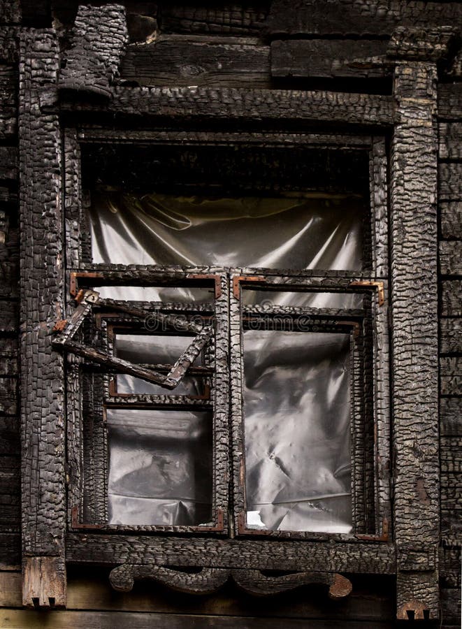 Burned Window Frame Forest View Stock Image - Image of crumbling ...