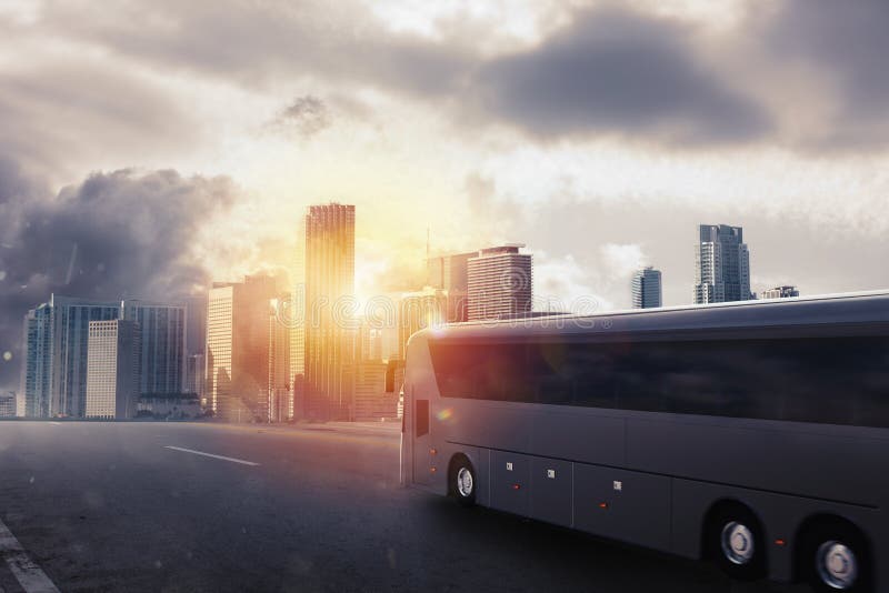 Black Bus Moving on the Road in a Cityscape at Sunset Stock Image ...