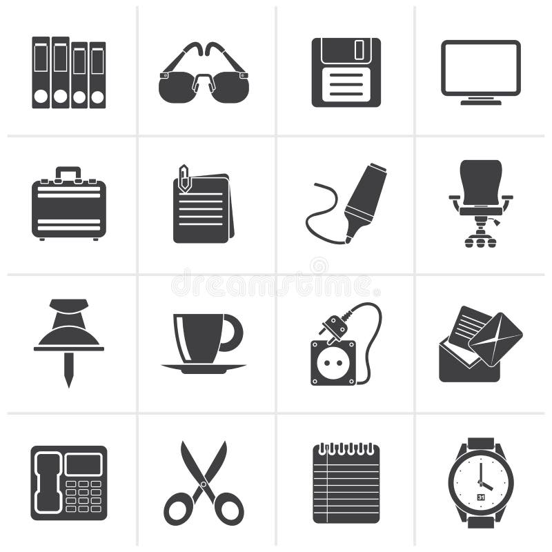 Black Business and Office Objects Icons Stock Vector - Illustration of ...