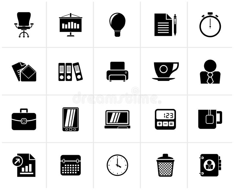Black Business and Office Objects Icons Stock Vector - Illustration of ...