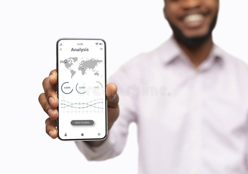 Black Businessman Showing Phone with Analytics App on Screen Stock ...