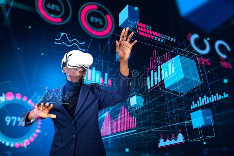 African Businessman in Vr Headset, Metaverse Hologram with Digital ...