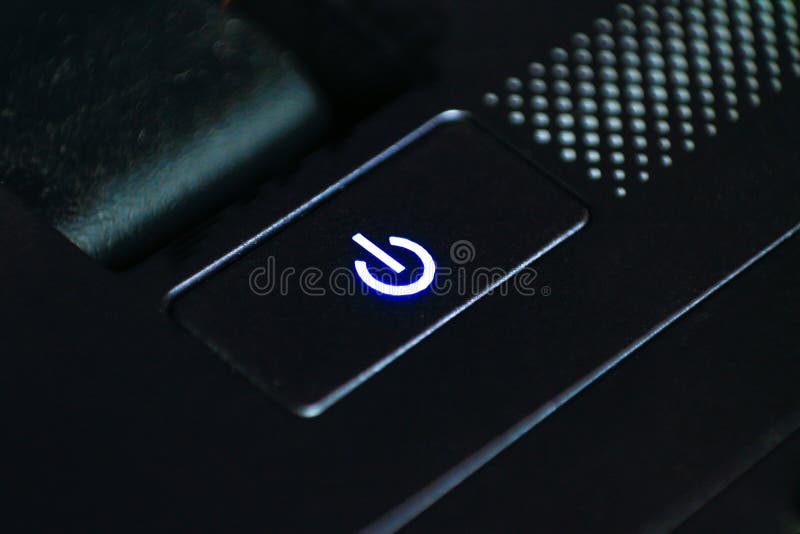 Black Button Start Flashing Blue Light. Closeup Stock Photo - Image of ...
