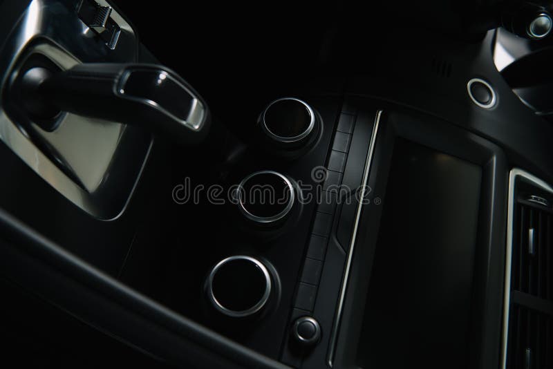 Black Buttons Near Modern Car Dashboard and Gear Shift in Automobile ...