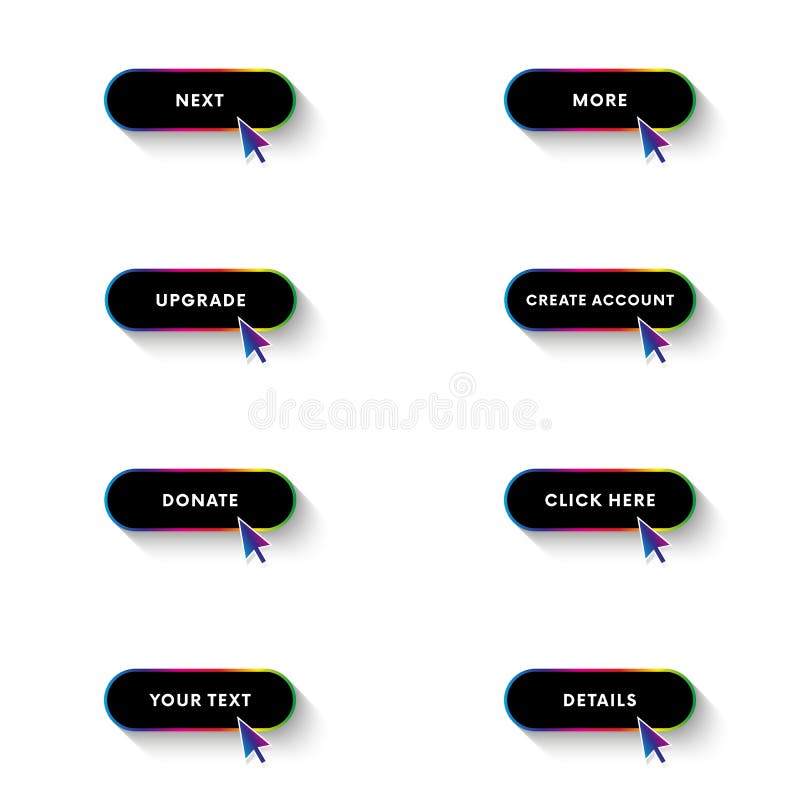 Black Buttons Set with Long Shadow. Spectrum Gradient. Vector ...