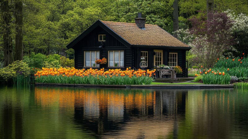 Black Cabin Lakeside Spring Tulips Bloom Stock Illustration ...