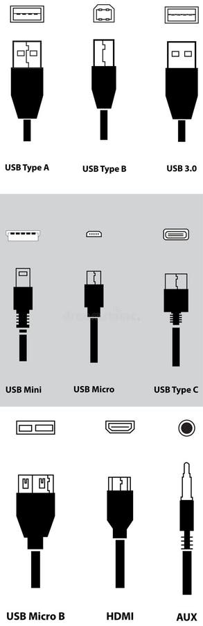 Black Cables Icon Set USB Type a, Type B, Type C, 3 Stock Illustration ...