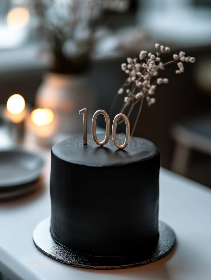 A Black Cake with 100 Topper for a Milestone Celebration. Stock Photo ...