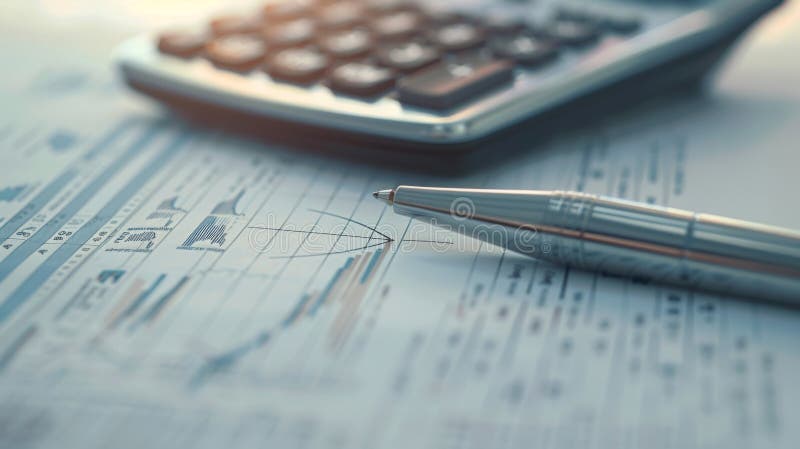 A Black Calculator and a Pen Rest on a Document with Printed Graphs and Numeric Data..AI ...