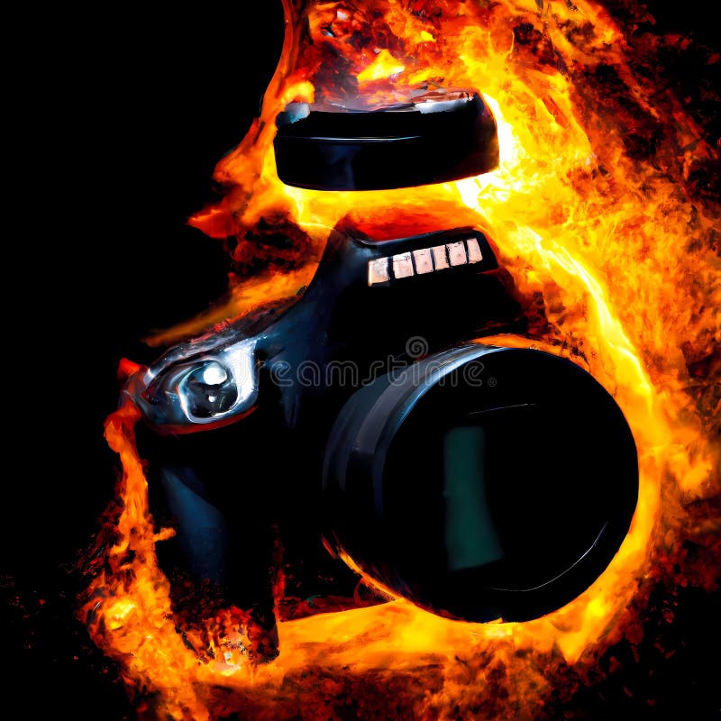 Black Camera on Fire with Orange and Red Flames Black Background Stock ...