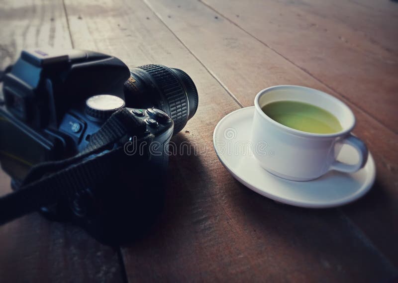 Black Camera with Green Tea Cup Stock Image - Image of caffeine, iphone ...