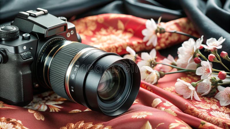 A Black Camera with a Large Lens Rests on a Fabric Background with ...