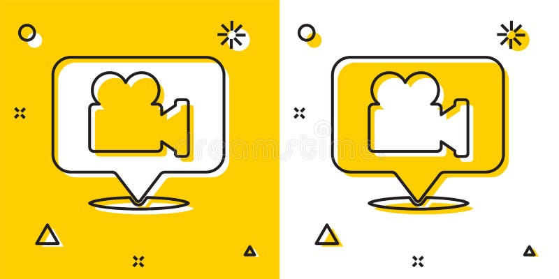 Black Camera and Location Pin Icon Isolated on Yellow and White ...